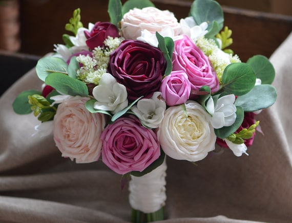 Cabbage Roses Bridal Bouquet Blush Purple Burgundy Real Touch | Etsy