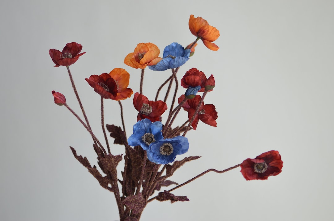 20" Fake Poppy Flowers Branch-in Fall Orange Burgundy Dusty Blue, 4 ...
