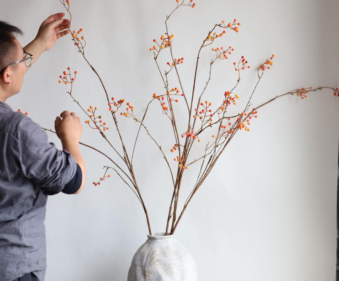 55" Faux Orange Berry Branch Stem, Decorative Plant Stem, Minimalist ...