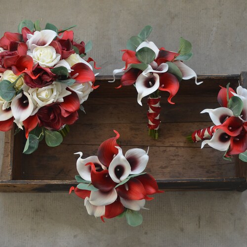 Dark Red Wedding Bouquets Real Touch Calla Lilies Ivory - Etsy