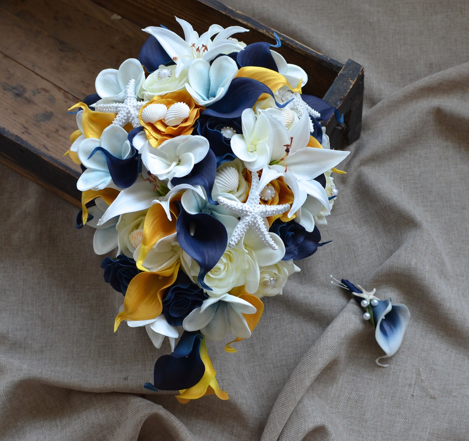 Gold Navy Beach Bridal Bouquet Real Touch Flowers Plumerias | Etsy