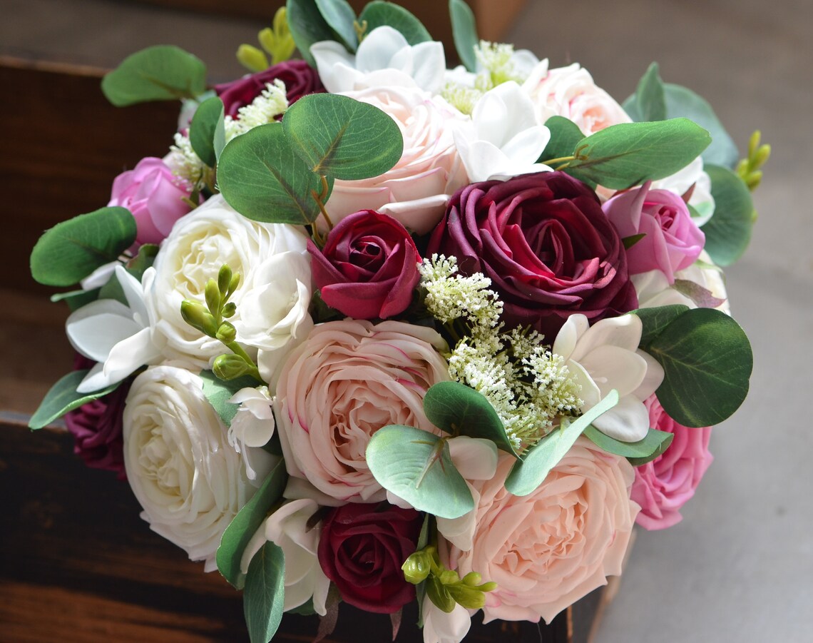 Cabbage Roses Bridal Bouquet Blush Purple Burgundy Real Touch | Etsy