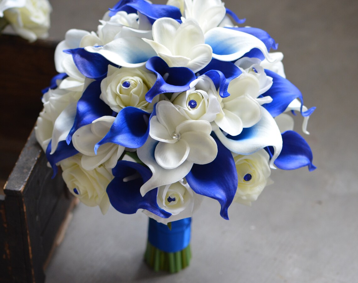 Dark Royal Blue Bridal Bouquet Real Touch Ivory Roses Royal Blue Callas ...