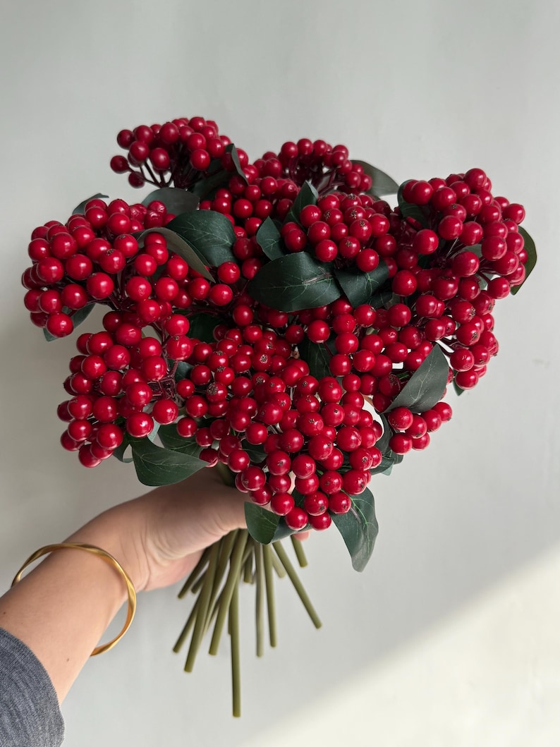 11" Faux Red Berry Branch, Decorative Berries Stem, Minimalist Style ...