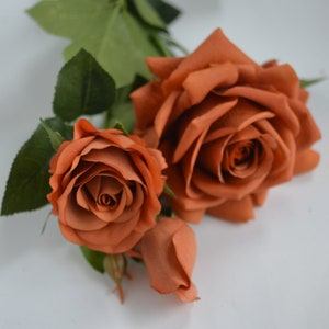 27.5" Burnt Orange Real Touch Artificial Roses, 3 Heads, DIY Florals ...