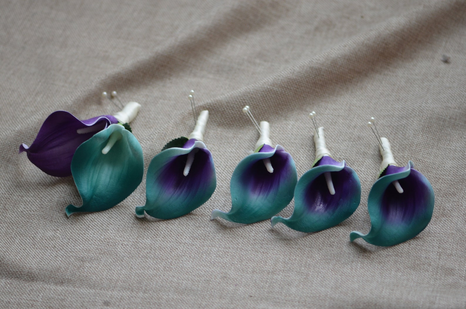 Teal Purple Bridal Bouquets Real Touch Calla Lilies Roses | Etsy