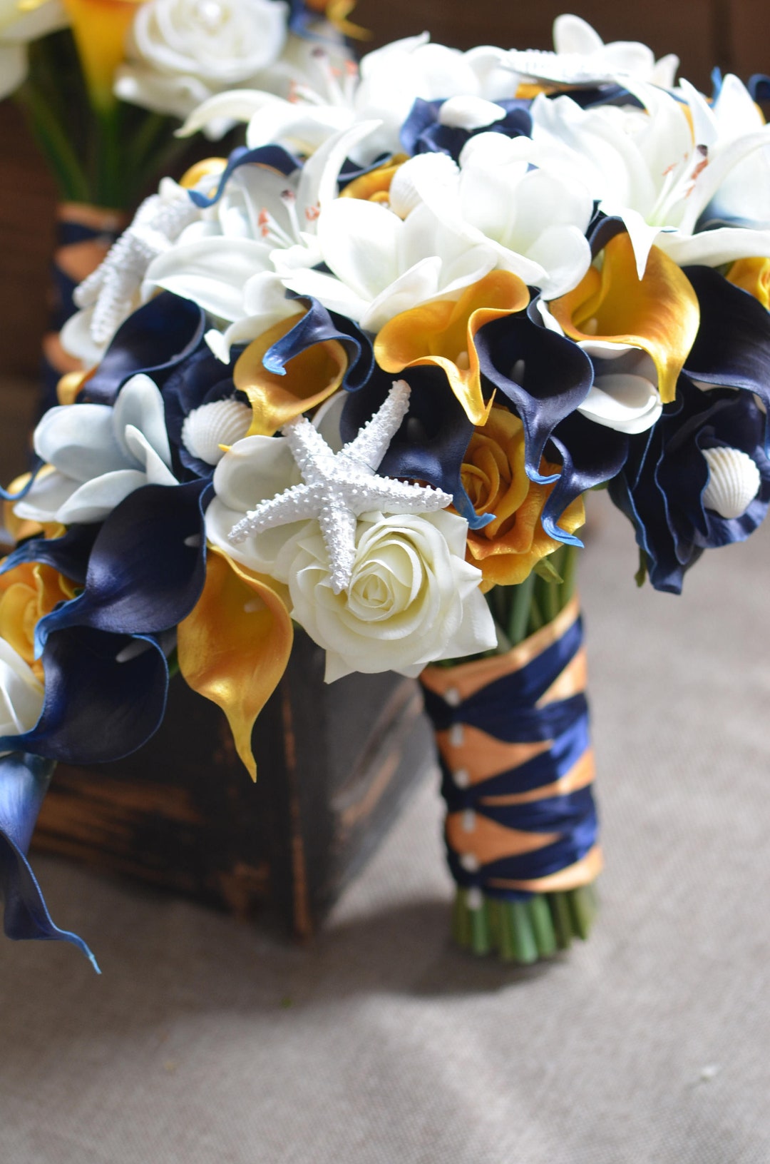 Gold Navy Beach Wedding Bouquets, Real Touch Flowers, Plumerias, Roses ...