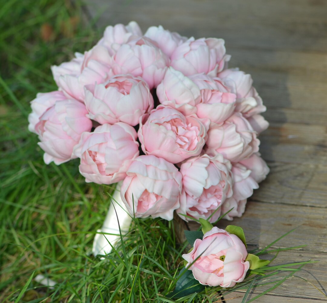 Pink Peonies Bridal Bouquet Groom Boutonniere Real Touch Flowers ...