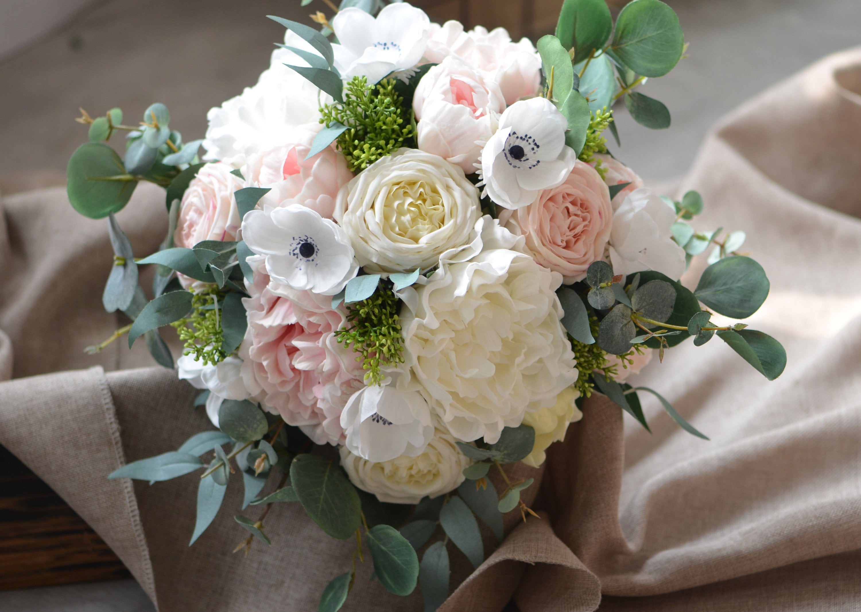 Rustic Blush Pink Bridal Bouquets Real Touch Anemones | Etsy