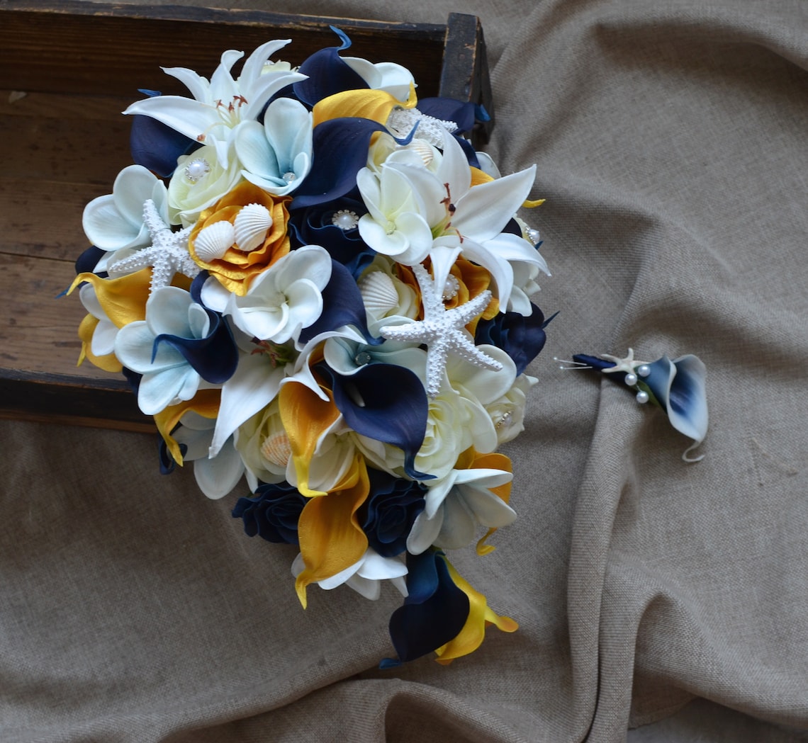 Gold Navy Beach Bridal Bouquet Real Touch Flowers Plumerias | Etsy