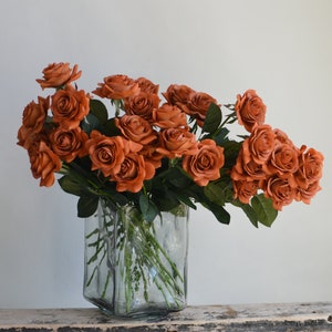16" Burnt Orange Real Touch Faux Roses, Terracotta Rust Rose Artificial ...