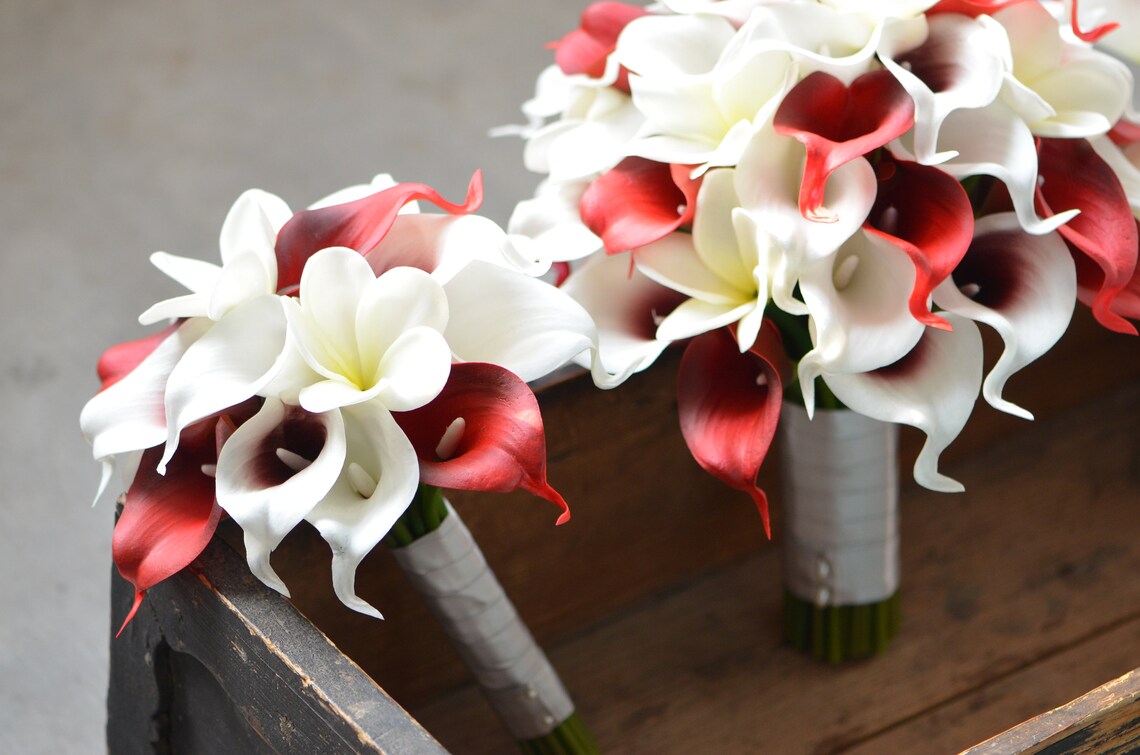 Dark Red Wedding Bouquets, Real Touch Calla Lilies, Ivory Plumerias ...