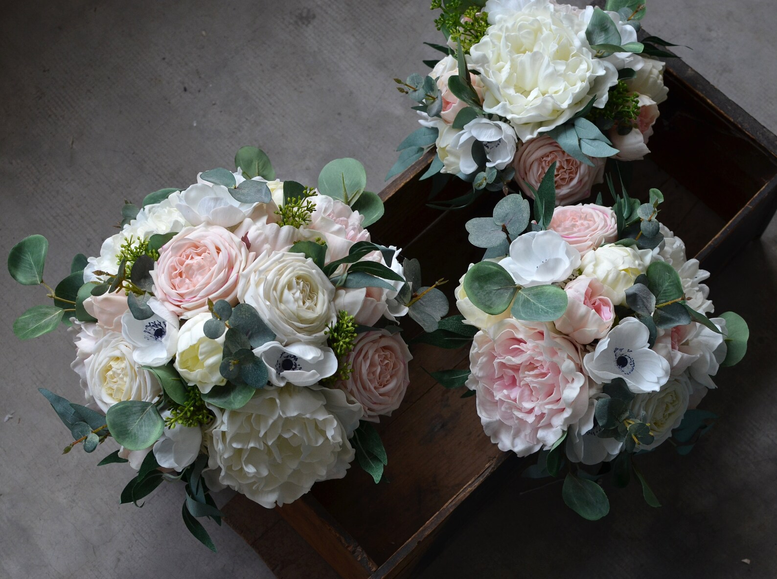 Rustic Blush Pink Bridal Bouquets, Real Touch Anemones, Peonies ...
