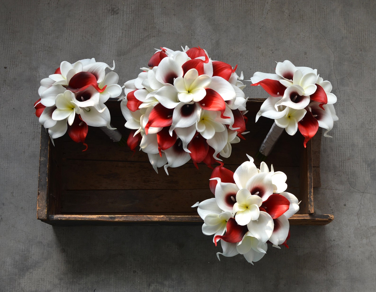 Dark Red Wedding Bouquets, Real Touch Calla Lilies, Ivory Plumerias ...