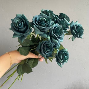 17" Deep Green/ Teal Oasis Real Touch Faux Roses, DIY Florals Supply ...