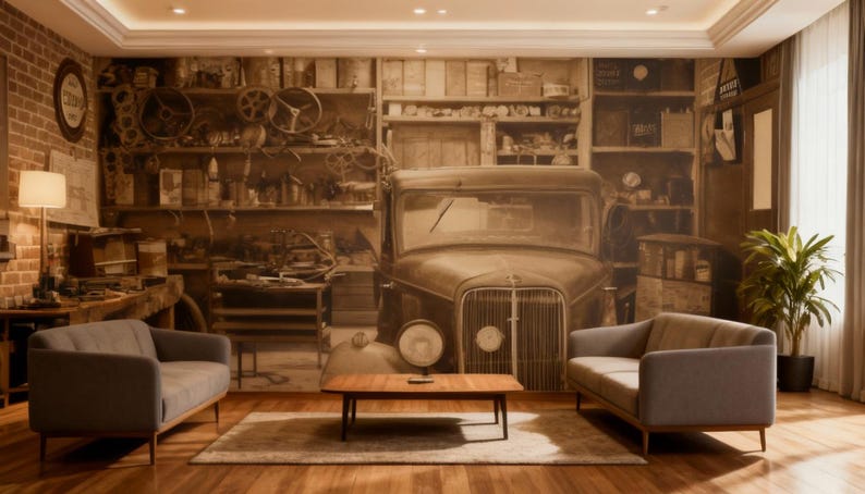 Vintage Garage Car Wallpaper Mural Photo Classic Retro Vehicle in ...