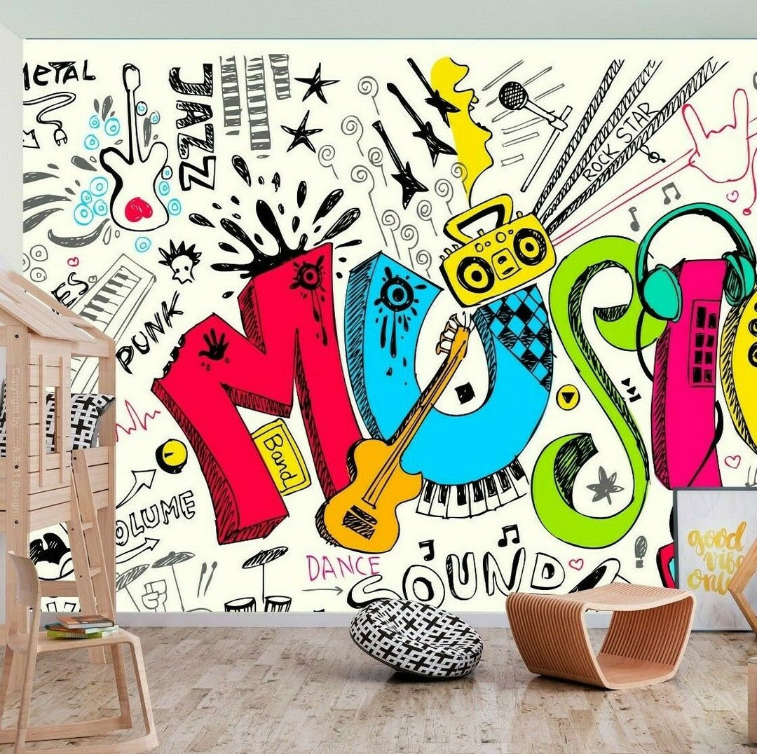 Media Bedroom 3D Modern Line Draw Art Music Rainbow Wallpaper Mural ...