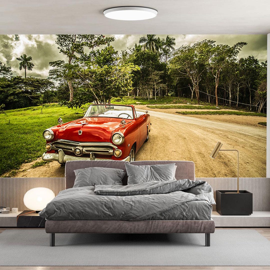 Vintage Red Convertible Photo Wallpaper Mural Tropical Palm Road Scene ...
