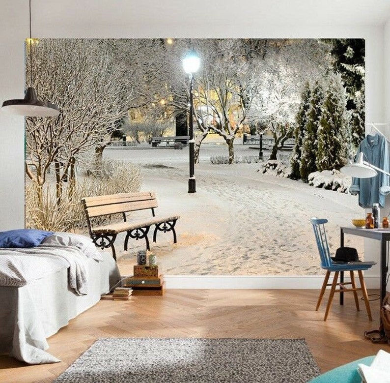 Winter Snow White Tree Plants Lamp Post Photo Wallpaper Mural Home ...