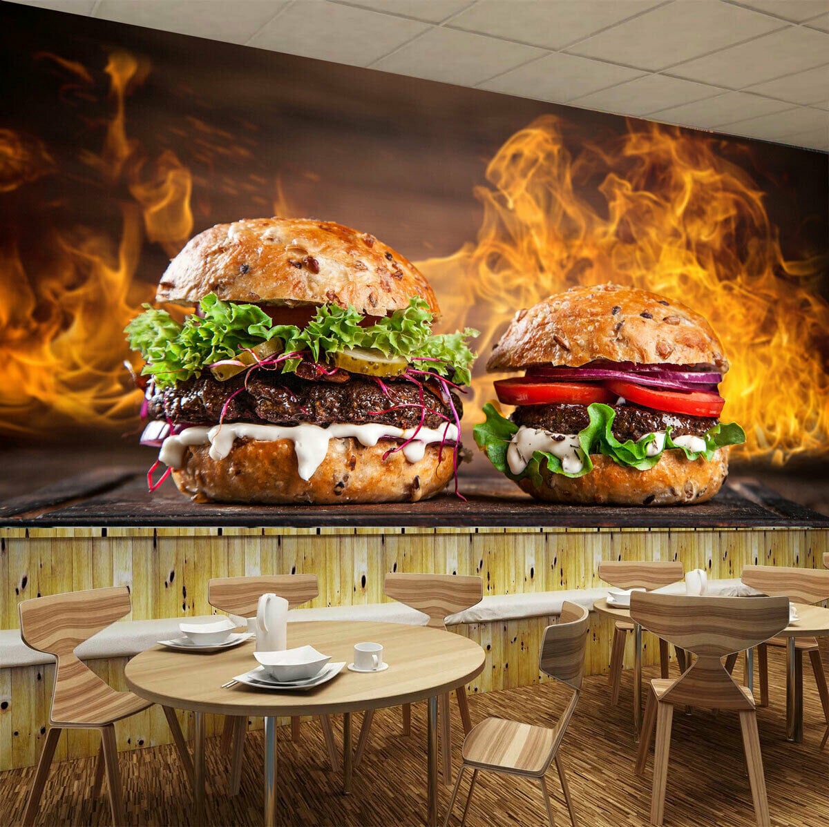 Beef Burger Grill Fire Food Wallpaper Mural Restaurant Kitchen Poster ...