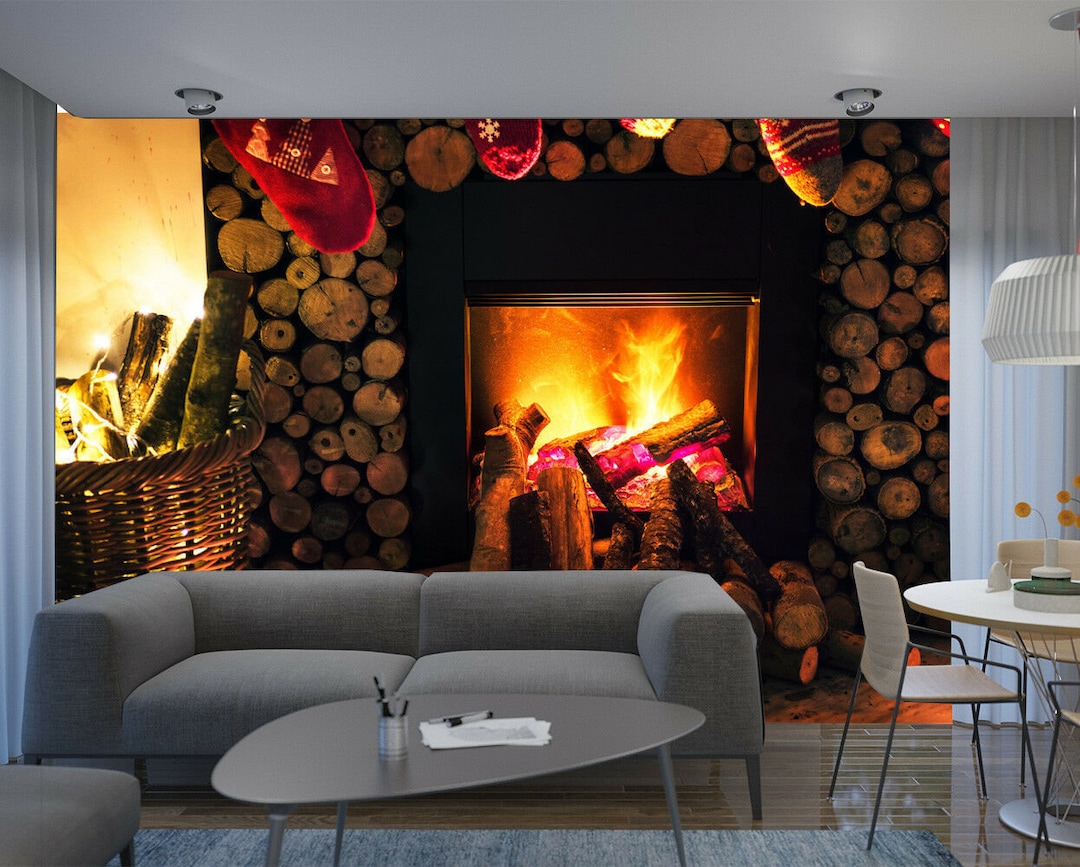 Fireplace Logs Woods Flames Photo Wallpaper Mural Livingroom Poster ...