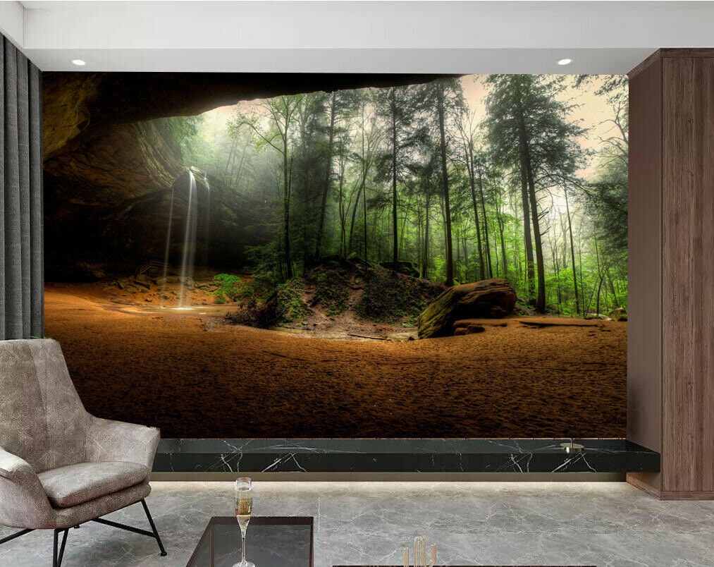 Trees Cave Waterfall Forest Rock Plants Nature Wallpaper Mural Photo ...