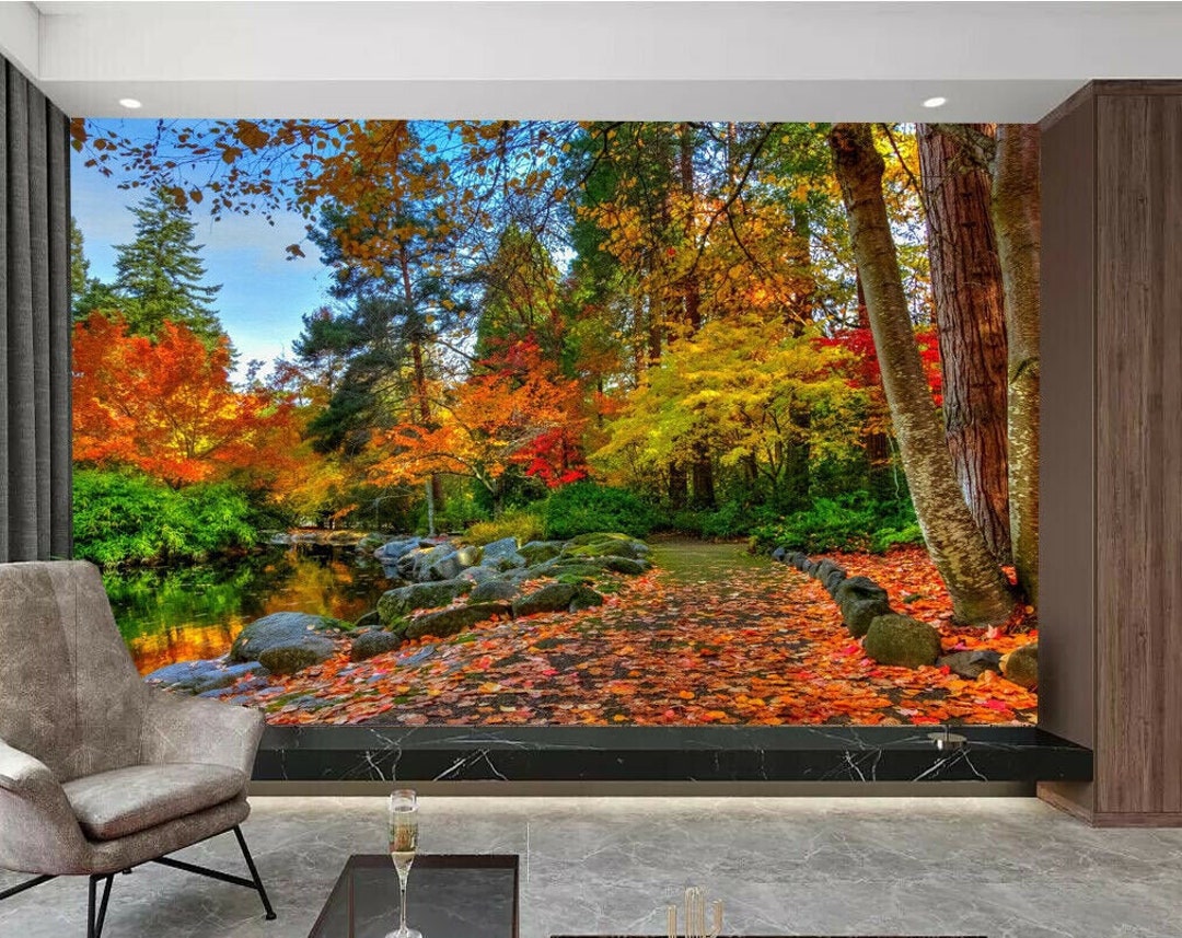 Tree Lake Path Nature Park Way Bucolic Rock Autumn Wallpaper Mural ...