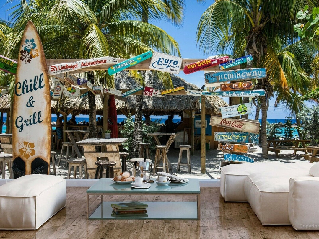 Beach Sea Surfing Pub Sky Wallpaper Wall Mural Palm Tree Photo Summer ...