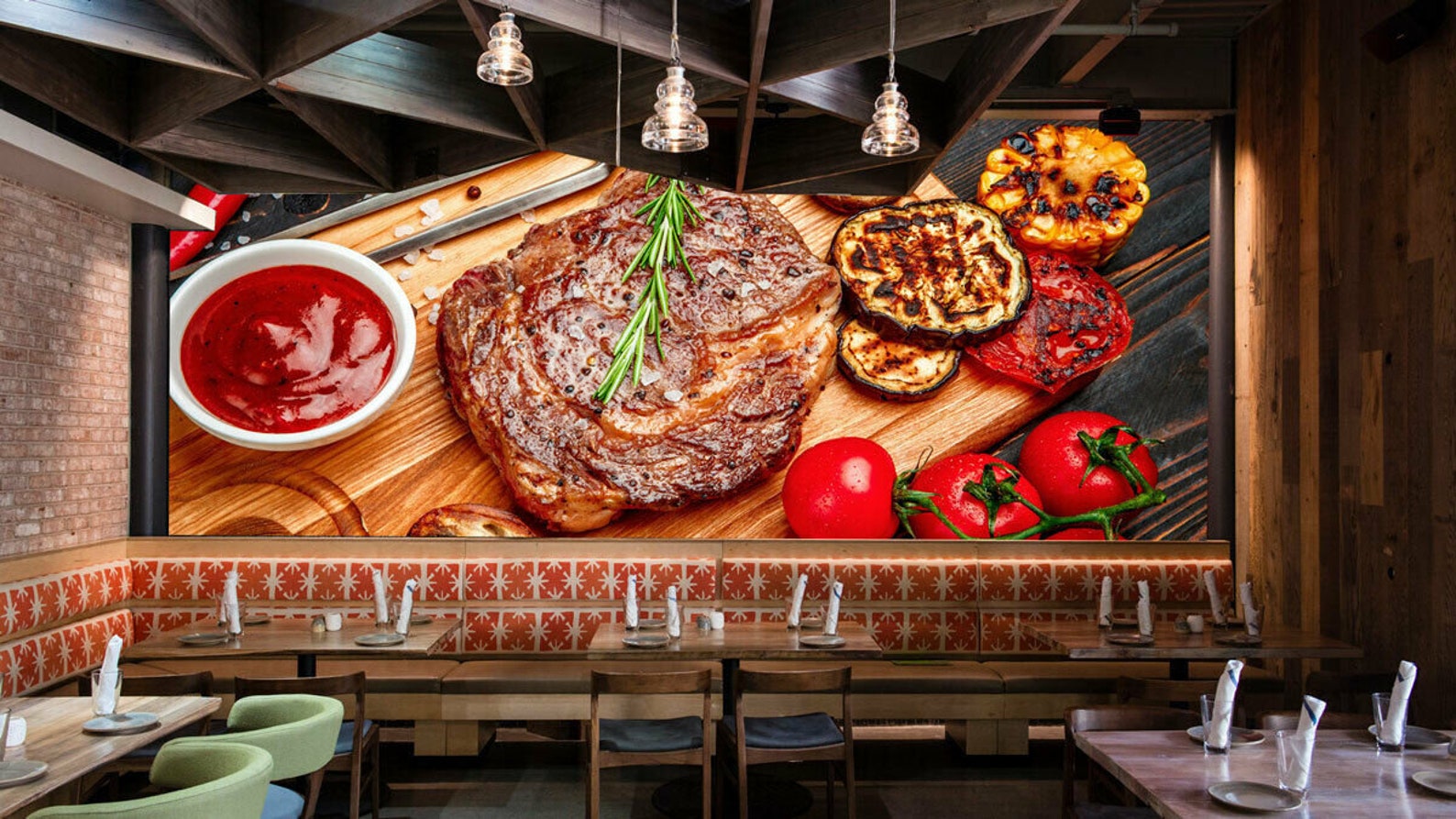 Steak BBQ Grill Meat Food Wallpaper Mural Restaurant Kitchen Poster ...