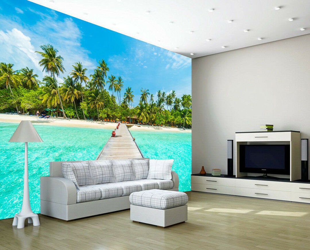 Beach Wallpaper Wall Mural Ocean Sea Tree Water Photo Bedroom Living ...