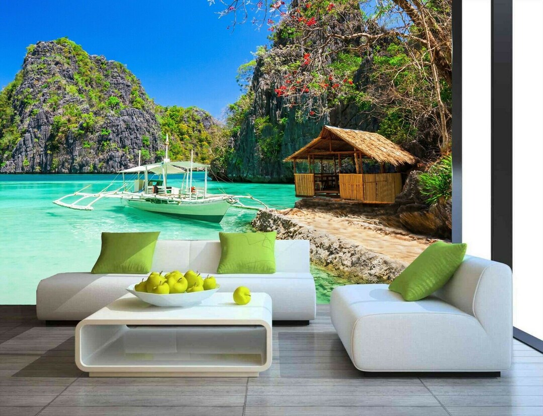 Beach Sea Island Boat Sky Wallpaper Wall Mural Tree Rock Photo Summer ...