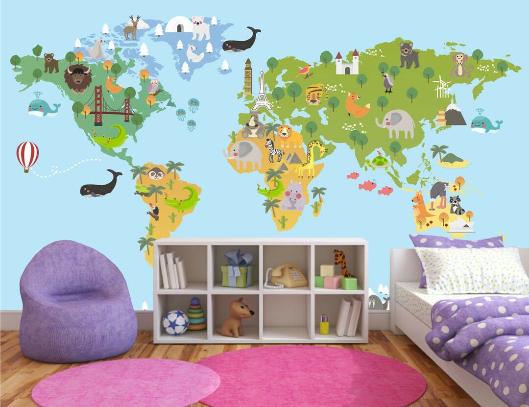Animals Building World Map Wallpaper Mural Photo Children Room Nursery ...