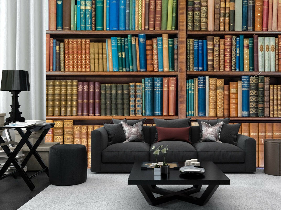 Bookcase Library Book Shelve Wallpaper Mural Photo Bedroom | Etsy