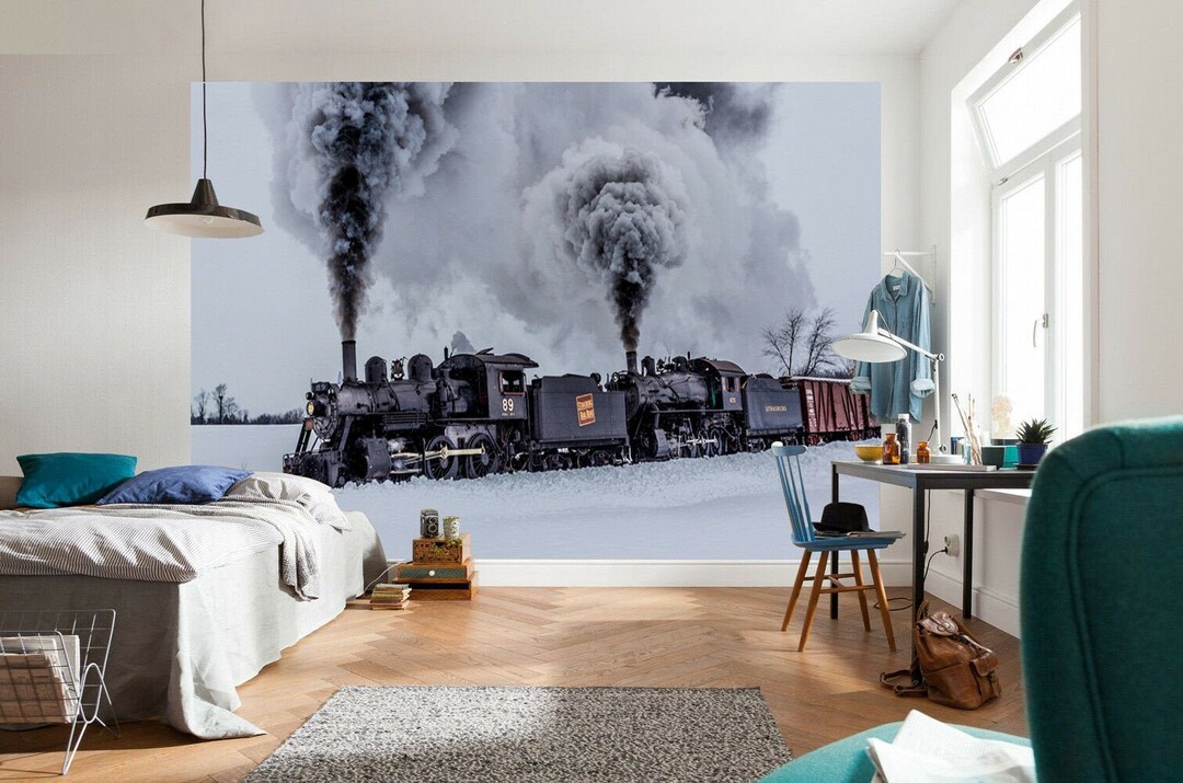 Steam Train Rail Snow Locomotive Wallpaper Mural Photo Bedroom Poster ...