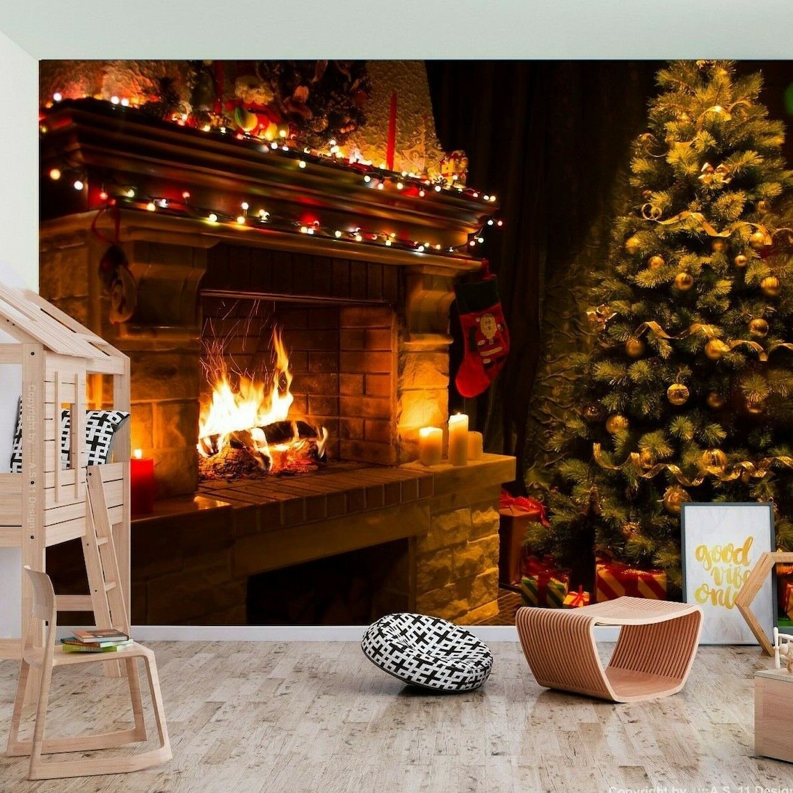 Xmas Christmas Tree Chimney Santa Claus Wallpaper Mural Photo Kids ...