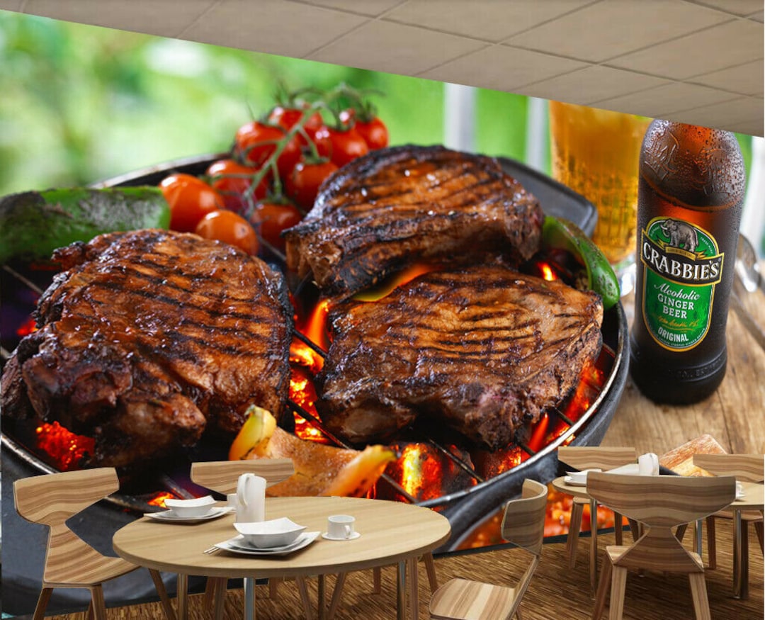 Steak Meat BBQ Grill Food Wallpaper Mural Photo Restaurant Kitchen ...