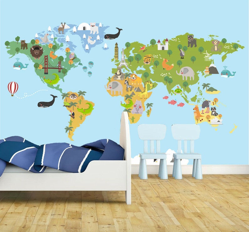 Animals Building World Map Wallpaper Mural Photo Children Room Nursery ...