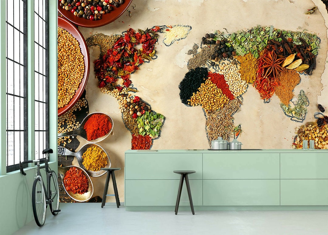 Foods Spice Herbs Fruits World Map Kitchen Restaurant Wallpaper Murals ...
