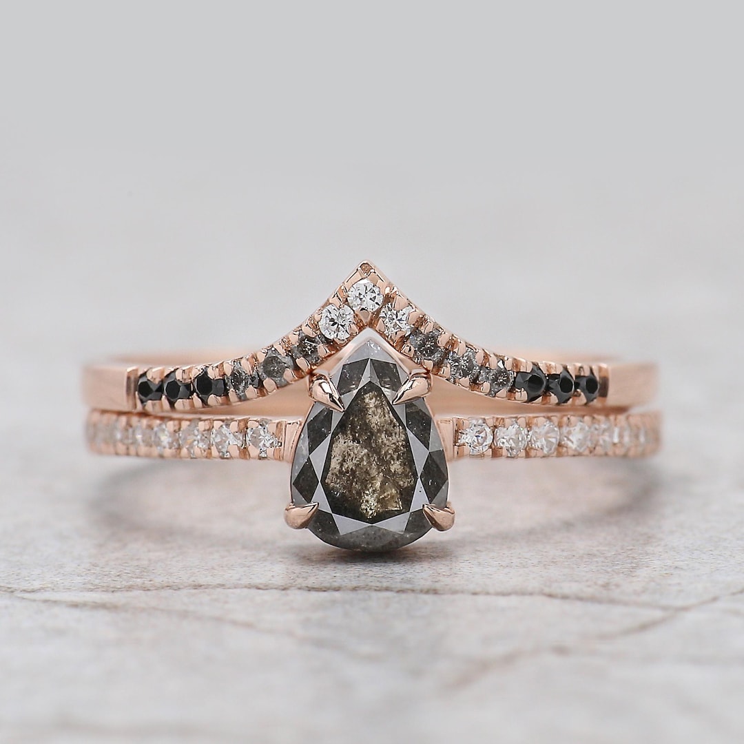 Pear Cut Salt and Pepper Diamond Ring 0.74 Ct 6.73 MM Pear Cut Diamond ...