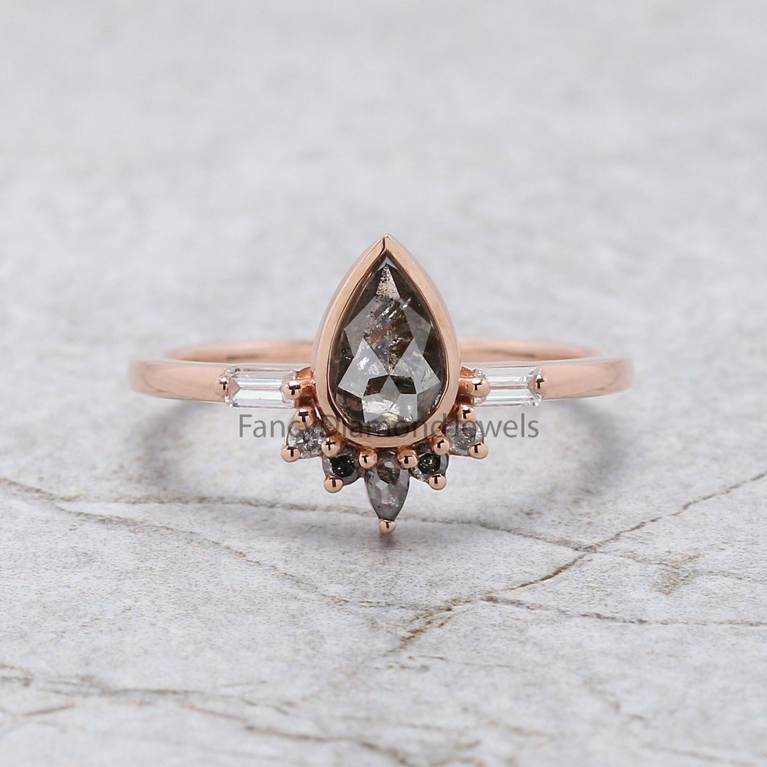 Salt and Pepper Pear Diamond Ring, Natural Pear Diamond Ring, Pear ...