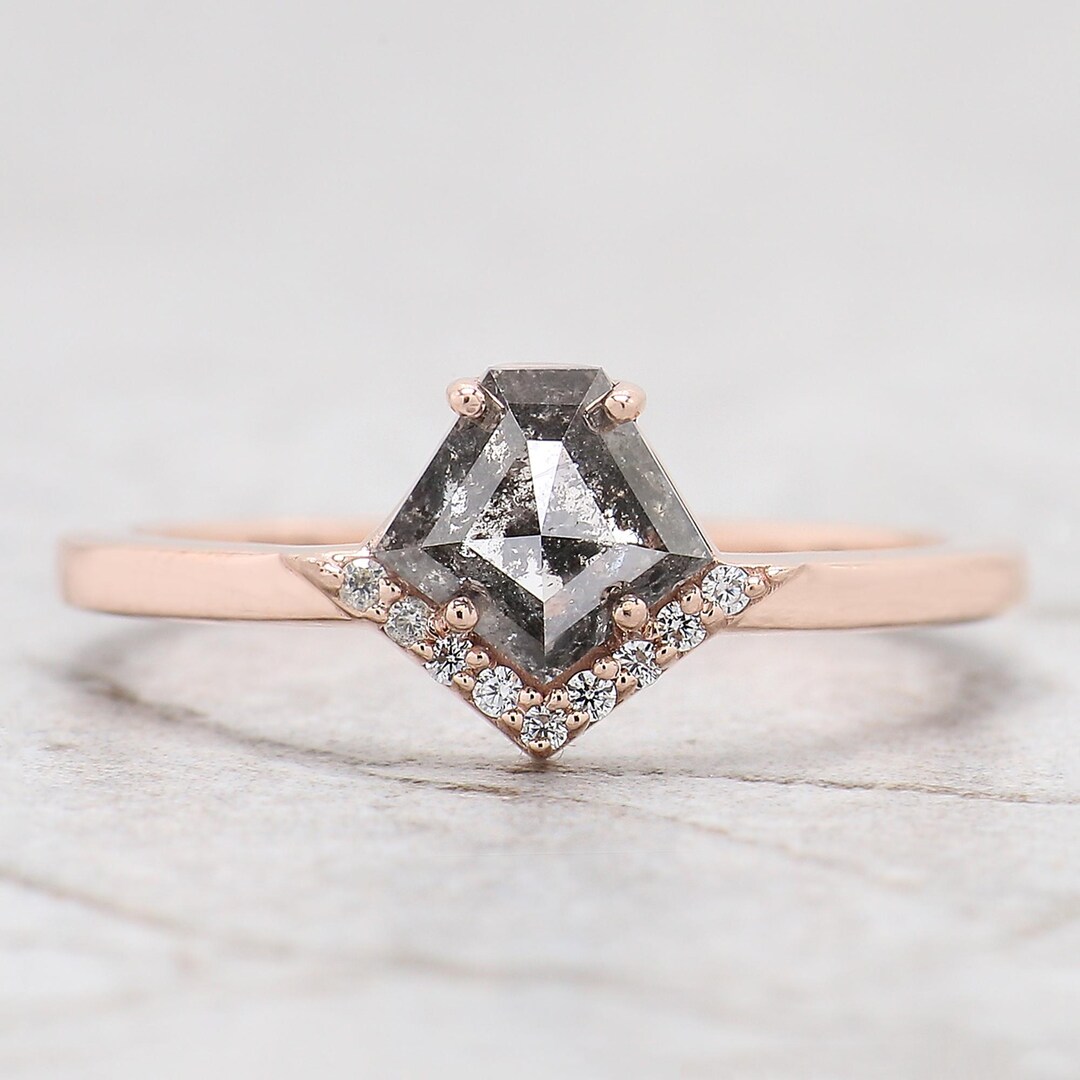 Pentagon Cut Salt and Pepper Diamond Ring 0.75 Ct 6.30 MM Pentagon ...