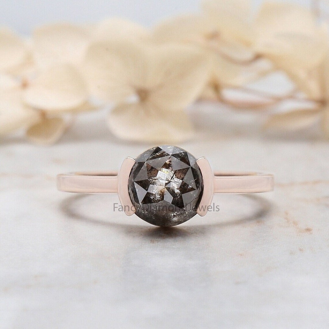 Round Rose Cut Salt and Pepper Diamond Ring 2.00 Ct 7.20 MM Round Cut ...