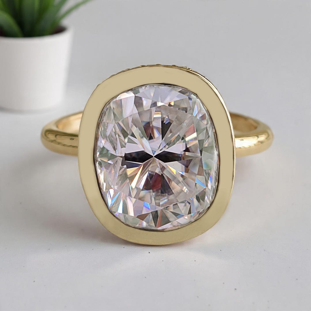 4.00 CT Cushion Cut Lab Grown Diamond Ring Bezel Set With Hidden Halo ...