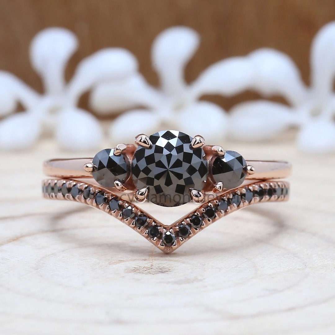 Black and Beautiful Round Cut Black Diamond Engagement Ring Set, KD449 ...