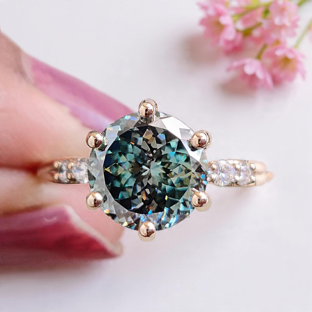 Round Portuguese Cut Blue Green Moissanite Engagement Ring Yellow Gold ...