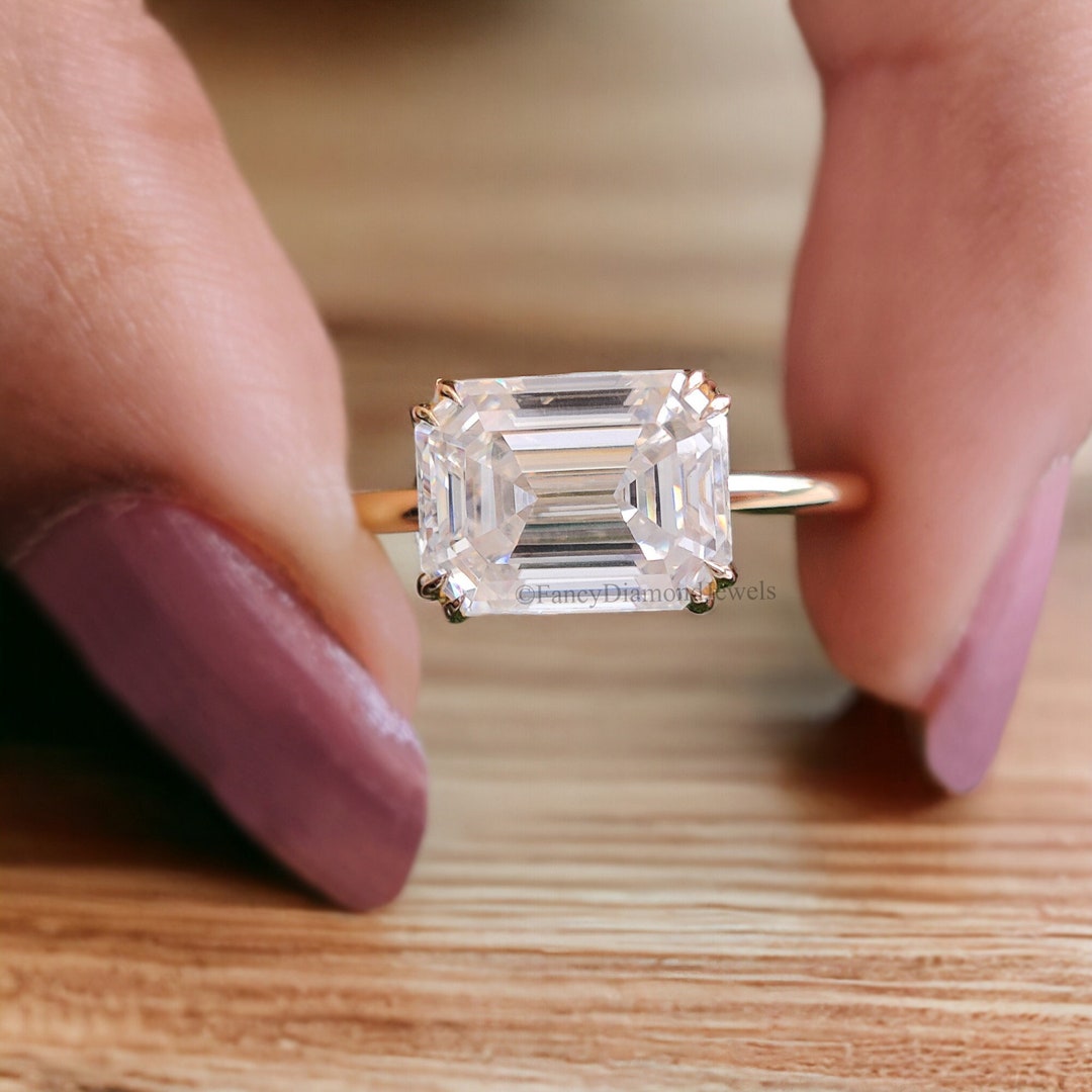 East to West Setting Ring Emerald Shape Engagement Ring Thin Band ...