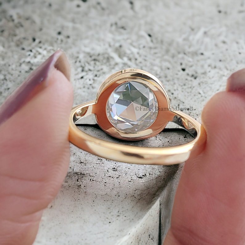 Singular Bezel Set Round Rose Cut Moissanite Engagement Ring 2.65 CT ...