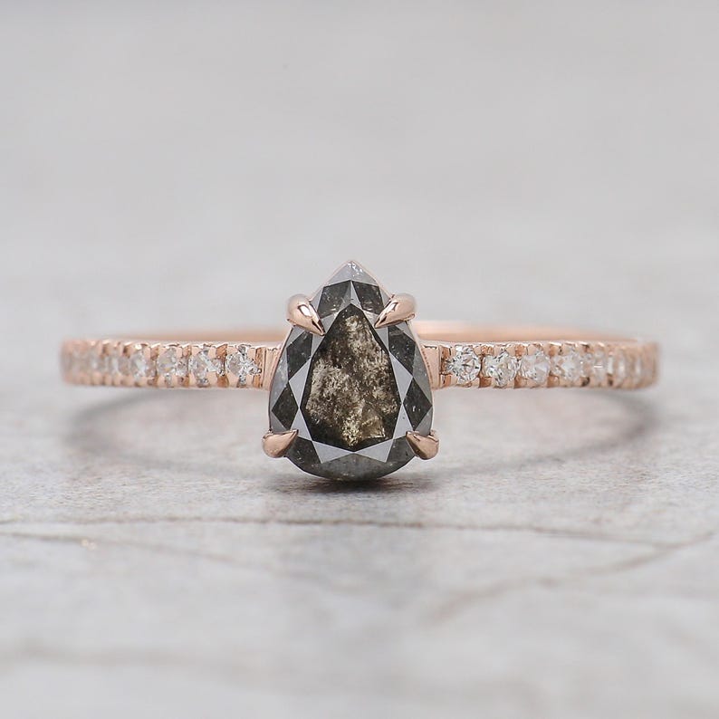 Pear Cut Salt and Pepper Diamond Ring 0.74 Ct 6.73 MM Pear Cut Diamond ...