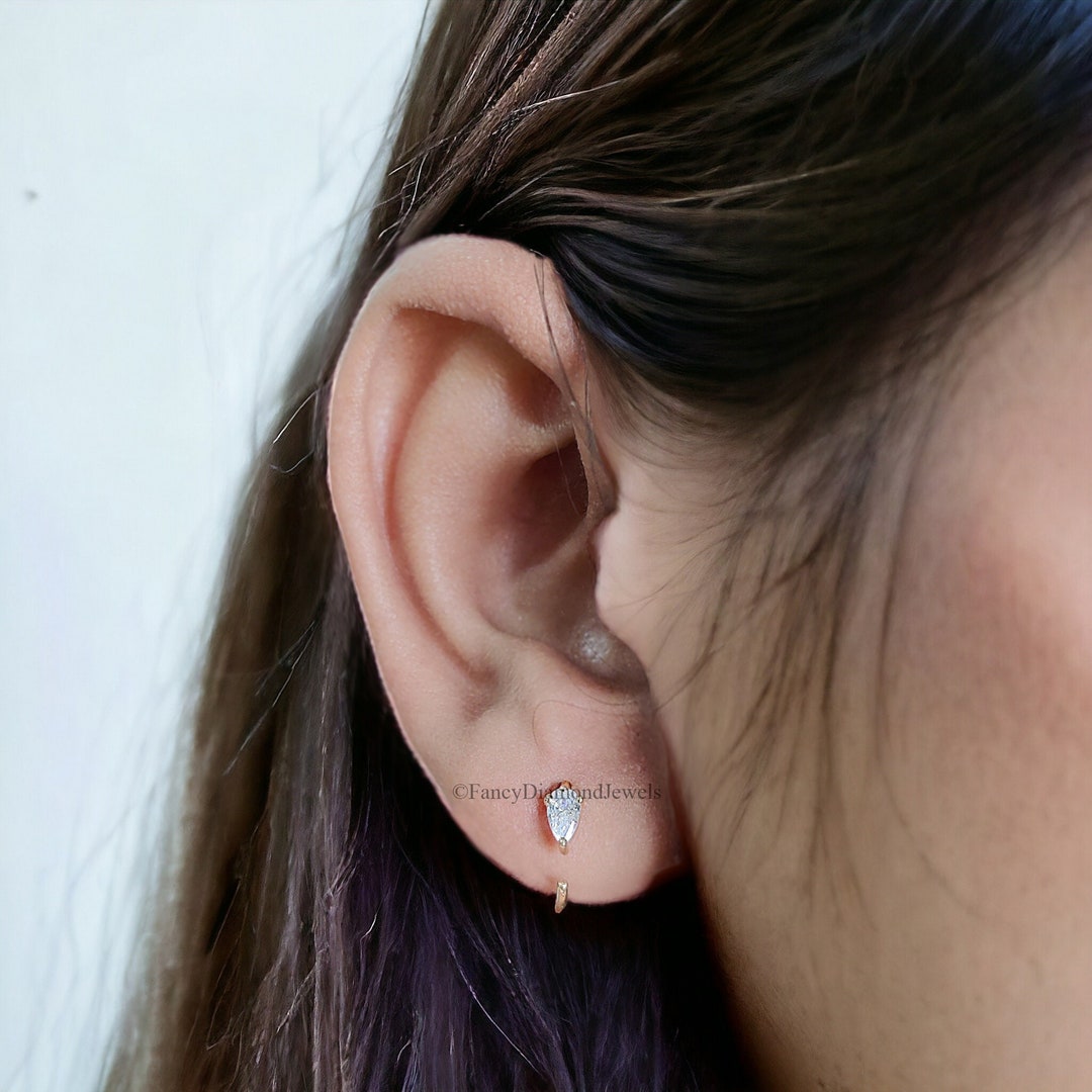 Tiny Solid Gold Pear Open Hoop Earrings Yellow Gold Pear Moissanite Diamond Mini Hoop Dewdrop ...
