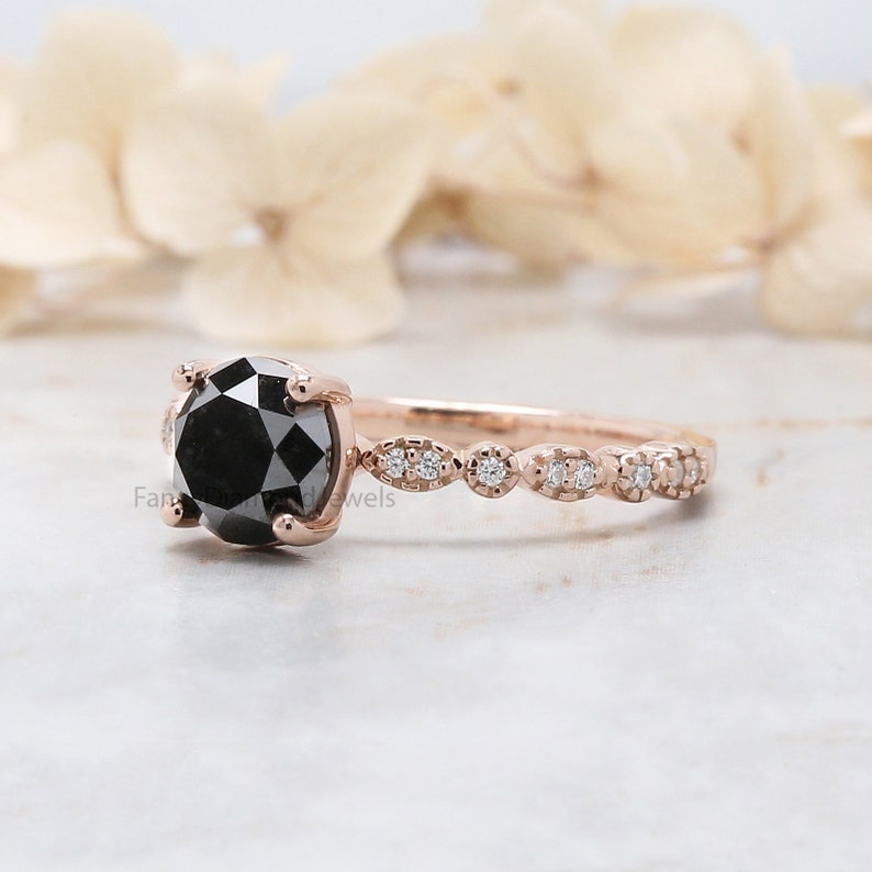 Round Cut Black Color Diamond Ring 1.50 Ct 6.60 MM Round Shape Diamond ...